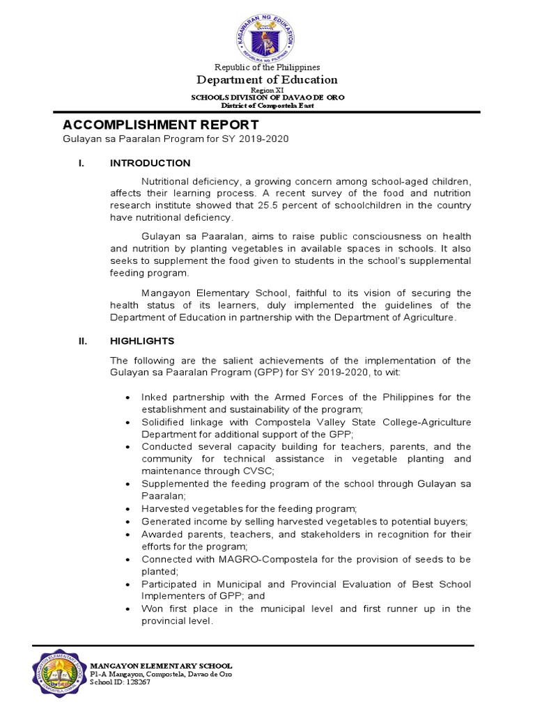Accomplishment Report: Department of Education | PDF | Cognition ...