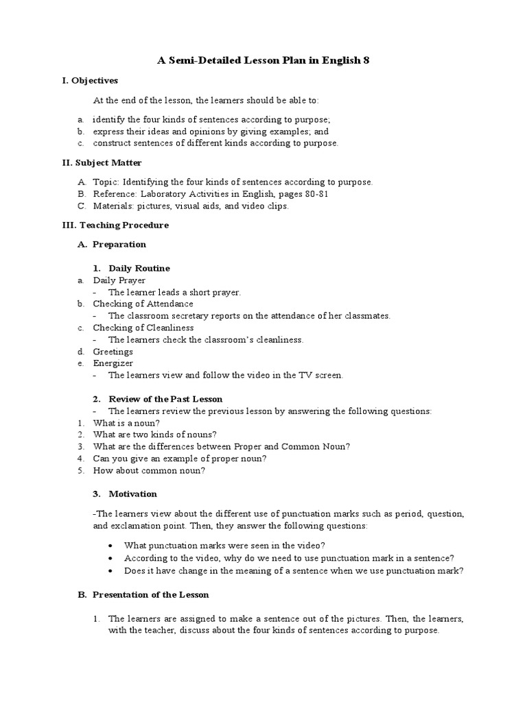 A Semi-Detailed Lesson Plan in English 8 | PDF | Question | Lesson Plan