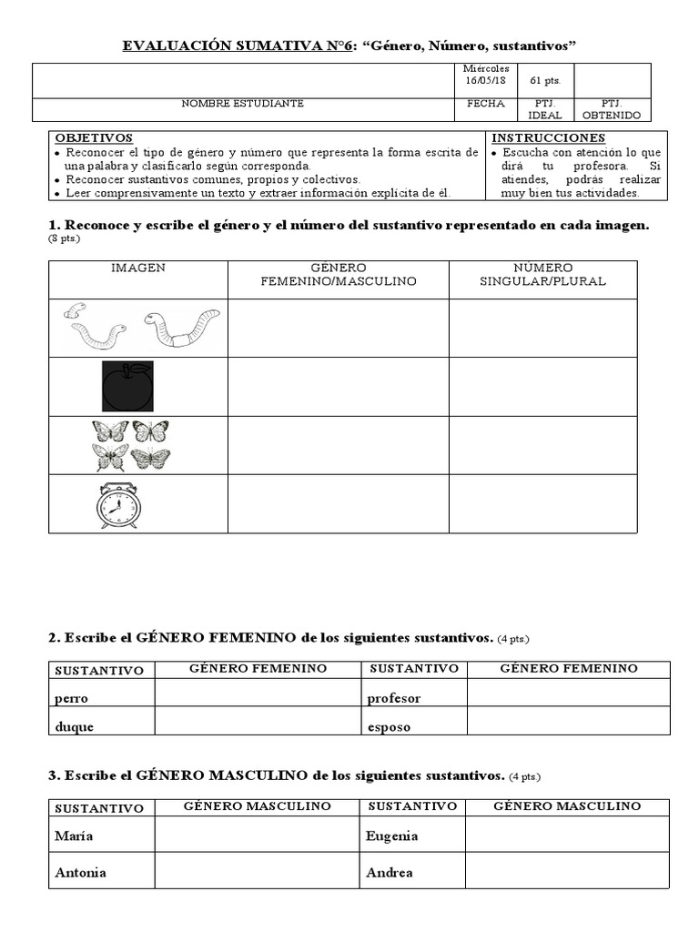 Prueba Genero de Los Sustantivos | PDF | Sustantivo | Sintaxis