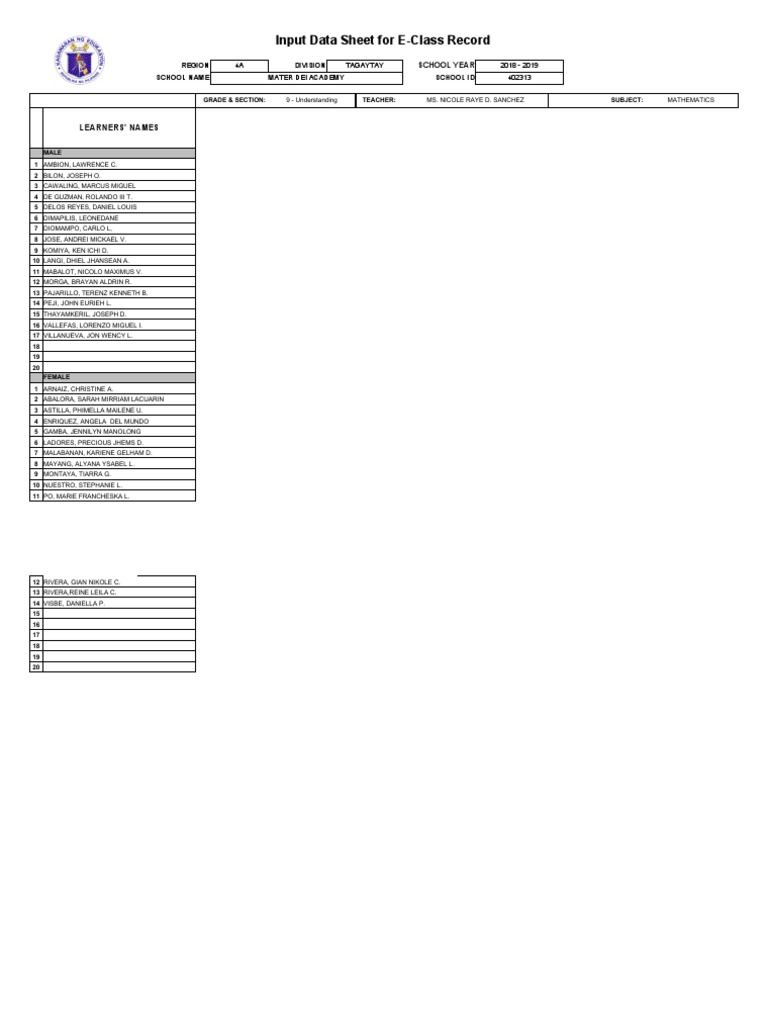 Input Data Sheet For E-Class Record: Learners' Names | PDF | Empathy | Love