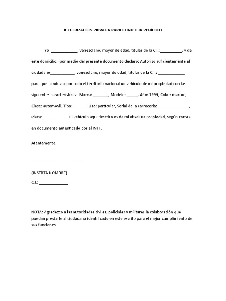 Ejemplo de Autorizacion de Vehículo | PDF