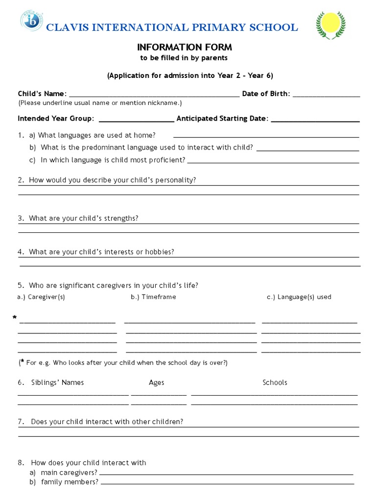 Clavis International School Admission Form | PDF | Caregiver | Human ...
