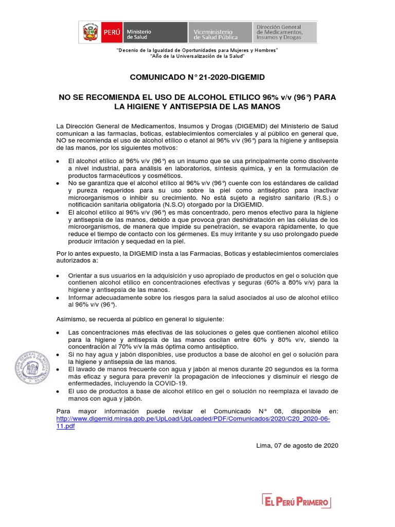 Comunicado Digemid 021 2020 PDF | PDF | Etanol | Farmacia