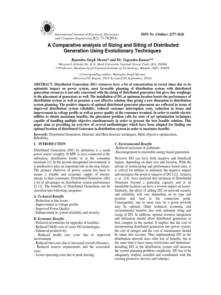 A Comparative Analysis of Sizing and Siting of Distributed Generation Using Evolutionary ...