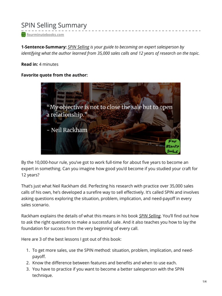SPIN Selling Summary: 1-Sentence-Summary: SPIN Selling Is Your Guide To ...