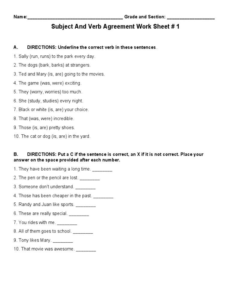 Subject and Verb Agreement Worksheet Grade 7 | PDF | Subject (Grammar ...