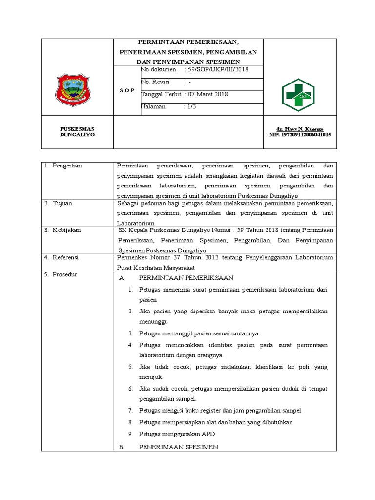Sop Permintaan Pemeriksaan, Penerimaan Spesimen, Pengambilan Dan Penyimpanan | PDF