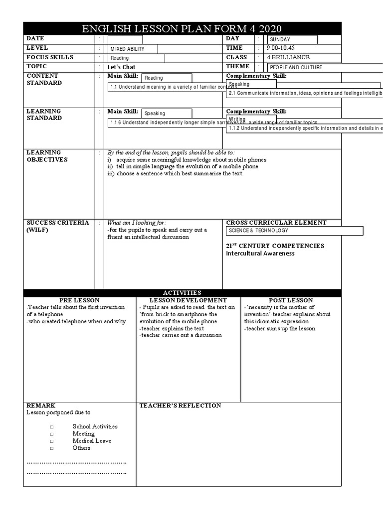 English Lesson Plan F4 | PDF | Lesson Plan | Behavior Modification