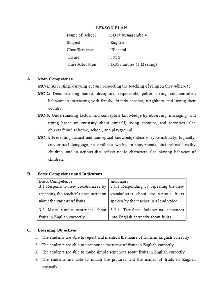 Lesson Plan - Grade 1 - Fruits | PDF | English Language | Teachers