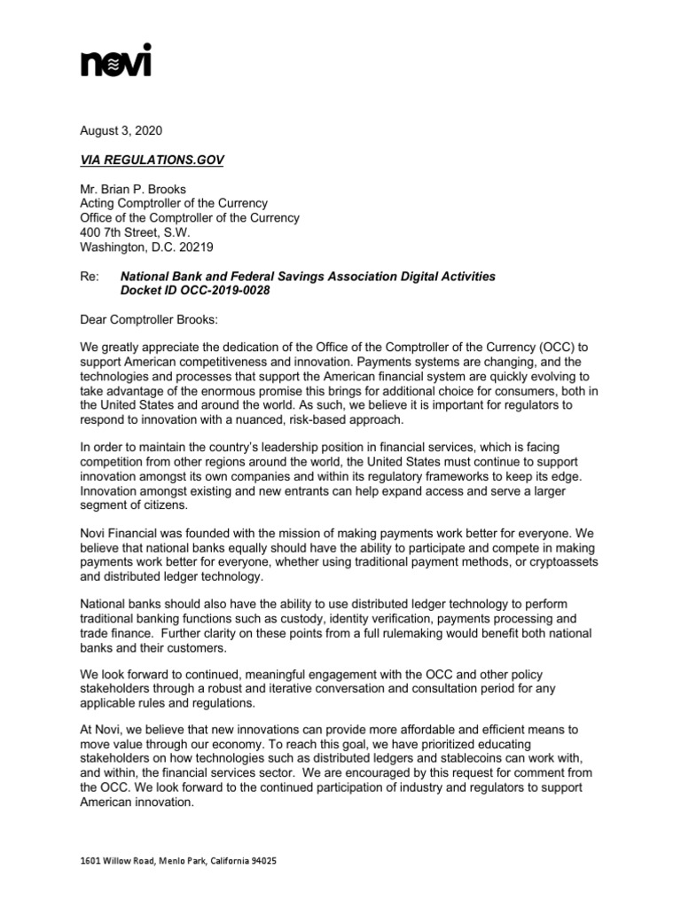 Novi Letter to the OCC | Office Of The Comptroller Of The Currency | Banks