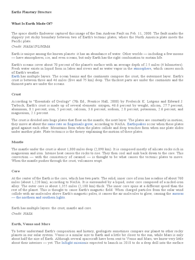 Earths Planetary Structure | PDF | Planetary Core | Crust (Geology)