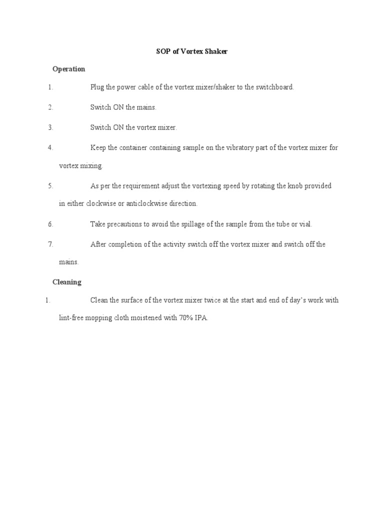 SOP of Vortex Mixer | PDF