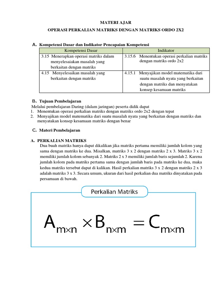 Materi Ajar Perkalia Matriks Dengan Matriks Ordo 2x2 | PDF