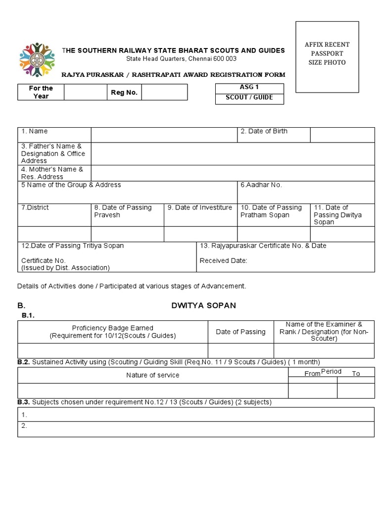 Asg 1 Scout / Guide Rajya Puraskar / Rashtrapati Award Registration Form | PDF | Outdoor ...