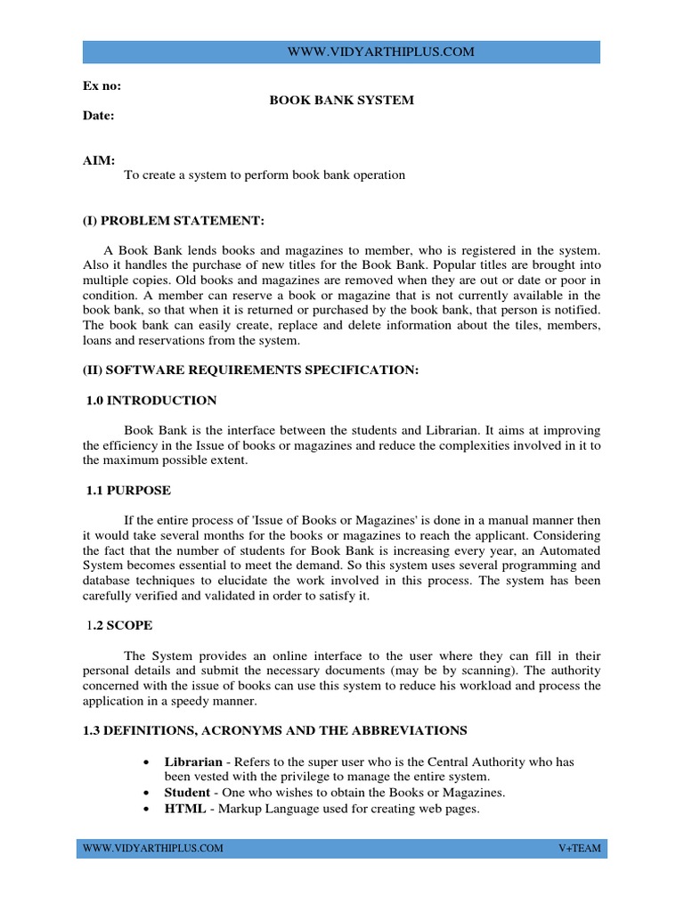 Ex No: Book Bank System Date:: V+Team | PDF