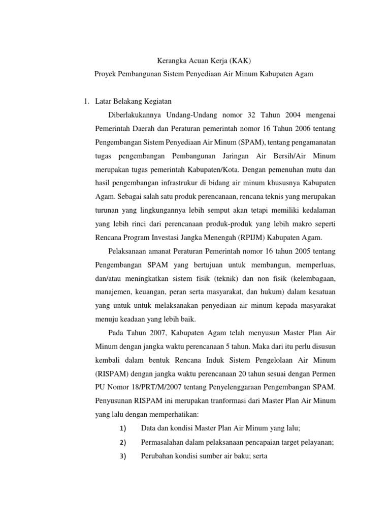 KAK Sistem Penyediaan Air Minum Kabupaten Agam | PDF