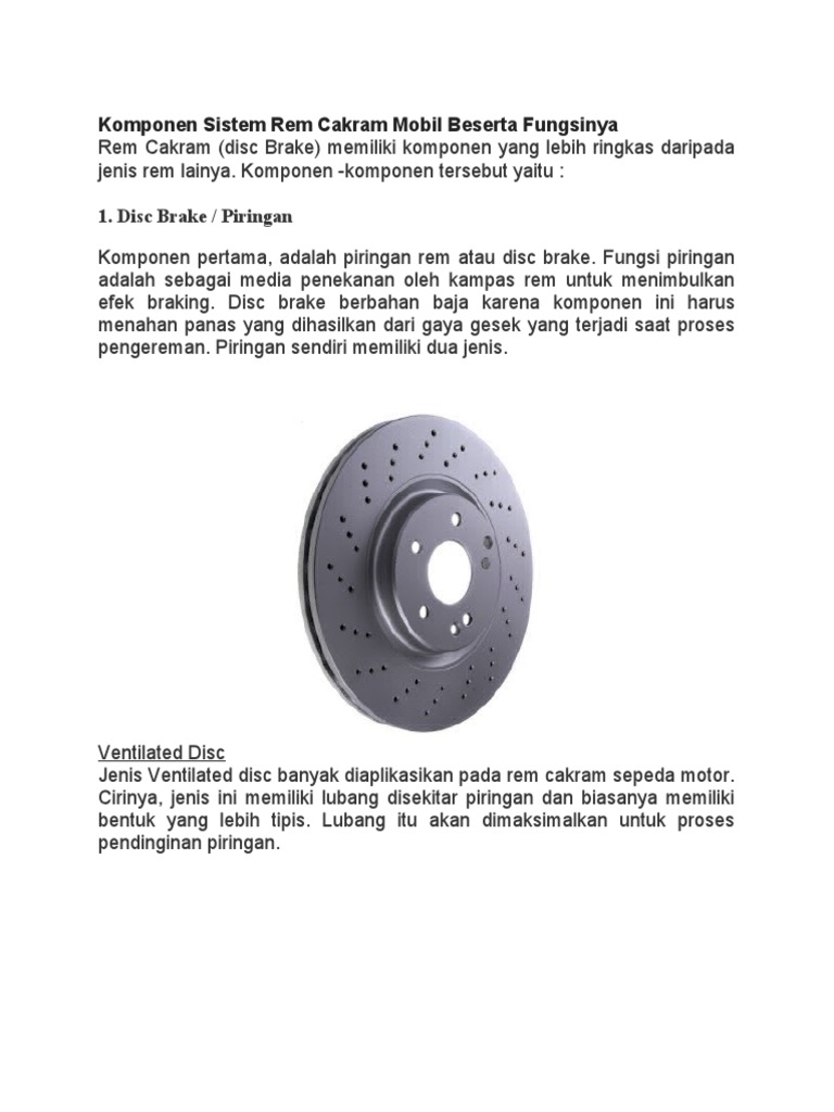 Komponen Sistem Rem Cakram Mobil Beserta Fungsinya | PDF