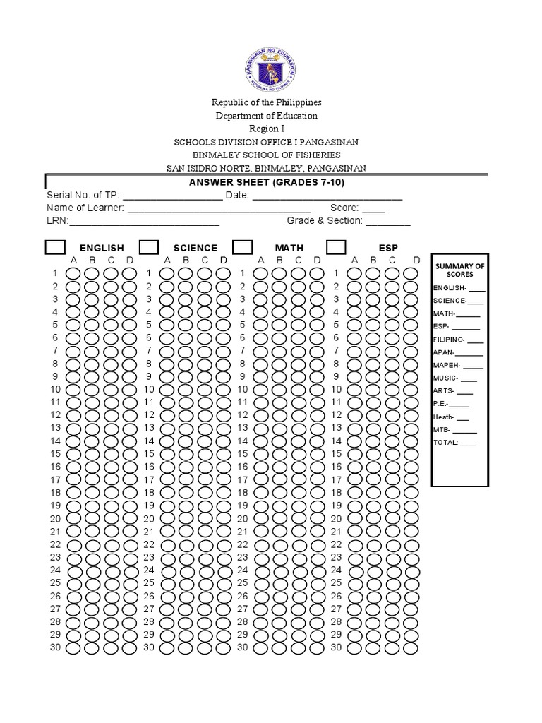 P1BIN1-FR-018 ANSWER SHEET (JHS and SHS) | PDF | Philippines