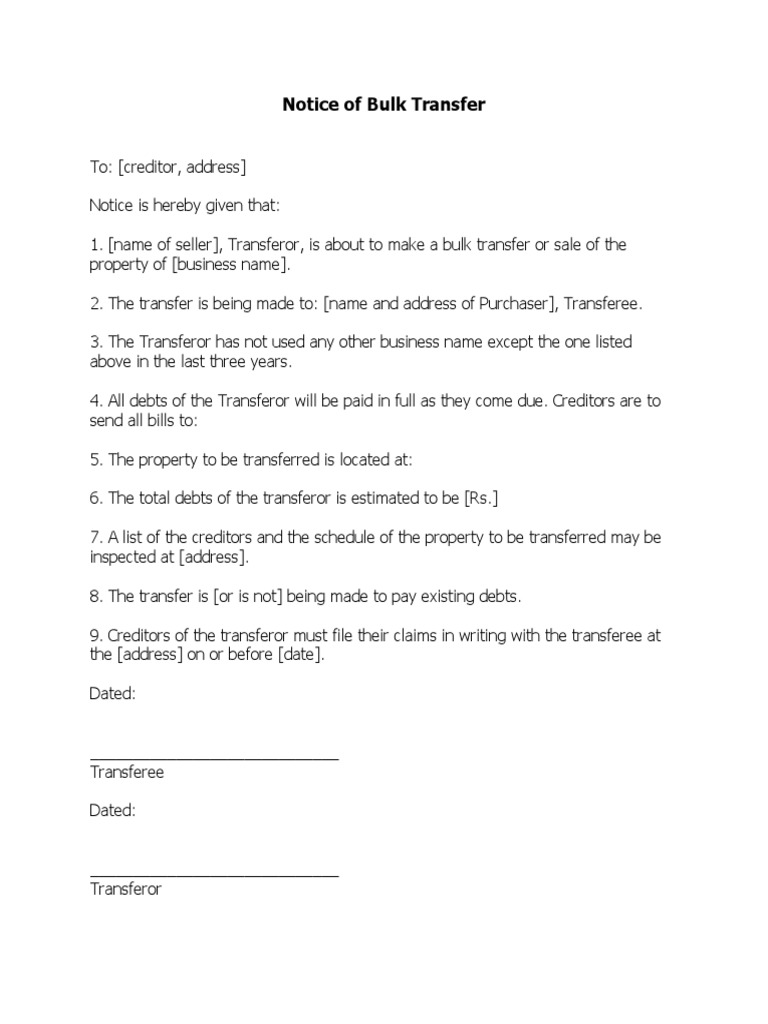 Notice of Bulk Transfer | PDF