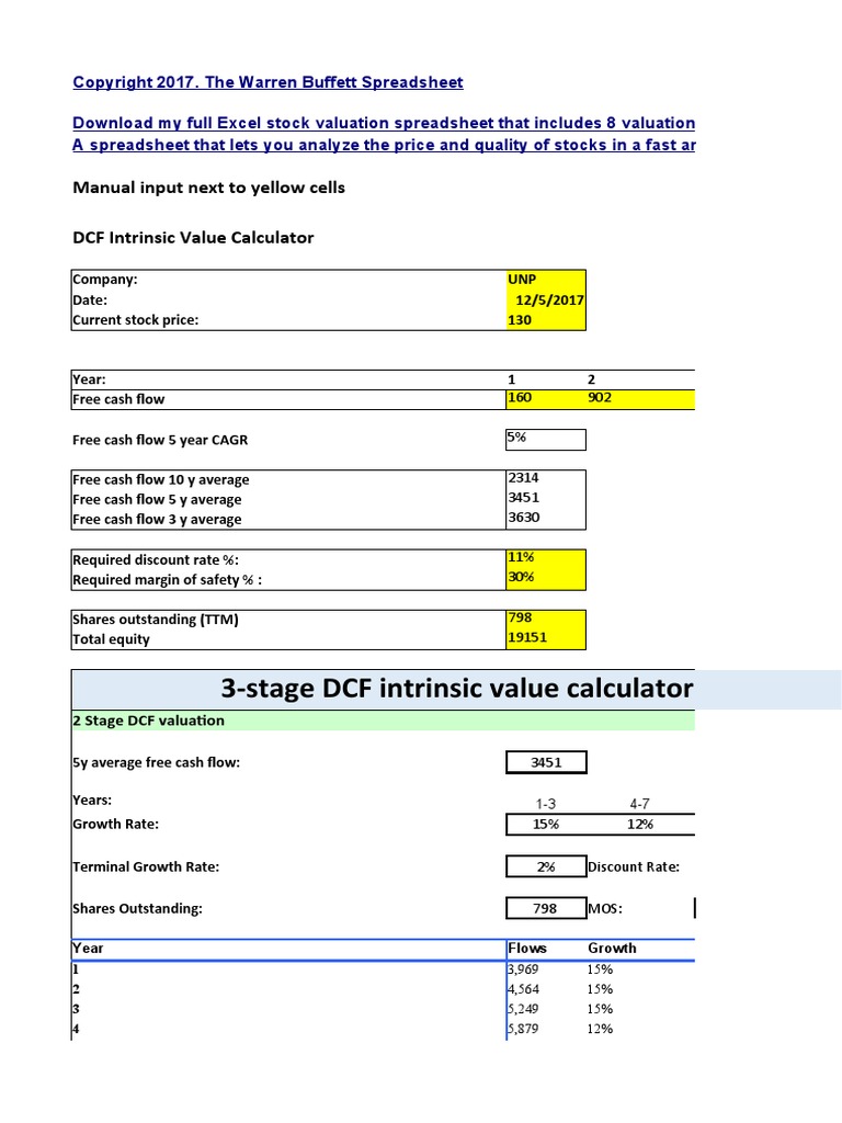 Manual Input Next To Yellow Cells DCF Intrinsic Value Calculator | PDF ...