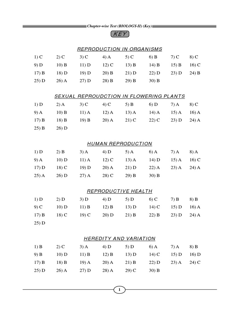Reproduction in Organisms: Chapter-Wise Test (BIOLOGY-II) (Key) | PDF ...
