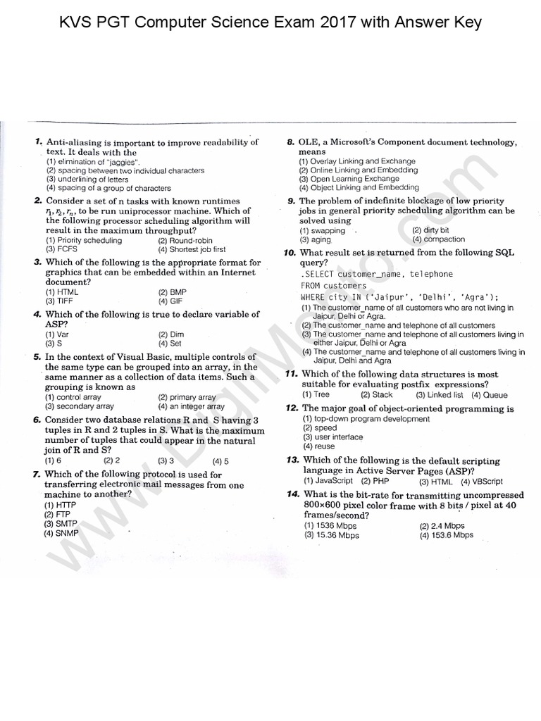 KVS PGT Computer Science 2017 Exam Key | PDF