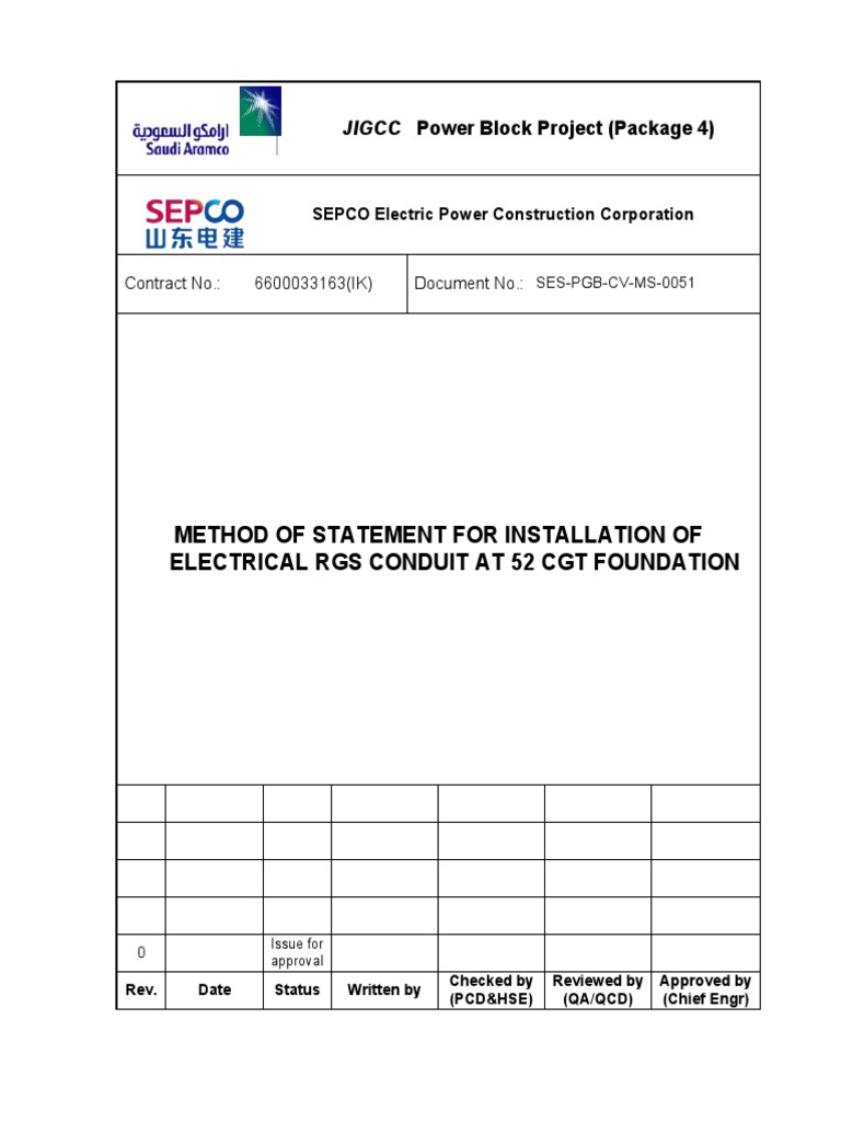 Method Statement For Installation of Electrical Conduit in 52 CGT | PDF ...