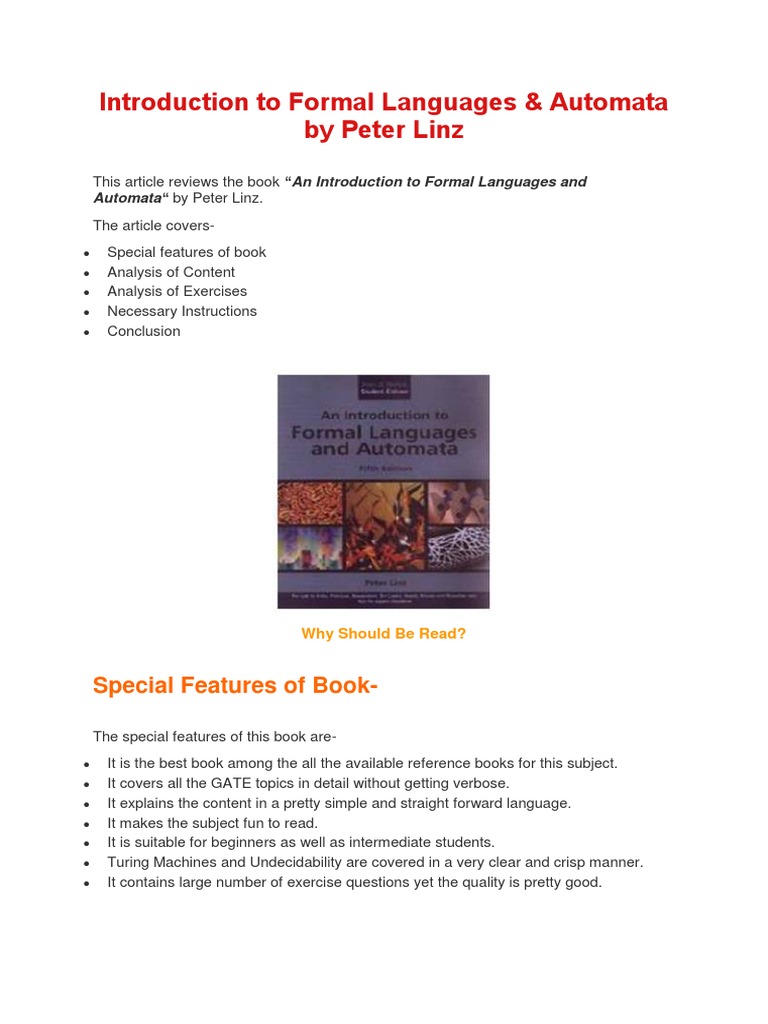 Introduction To Formal Languages & Automata by Peter Linz: Special Features of Book | PDF ...