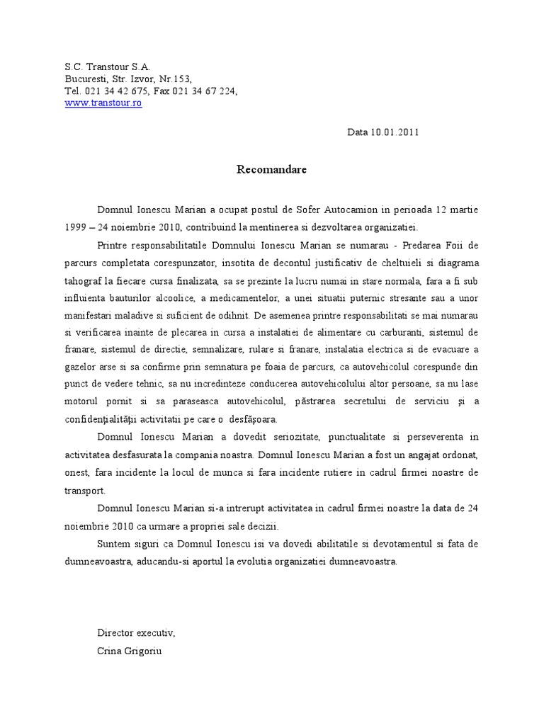 scrisoare de recomandare
