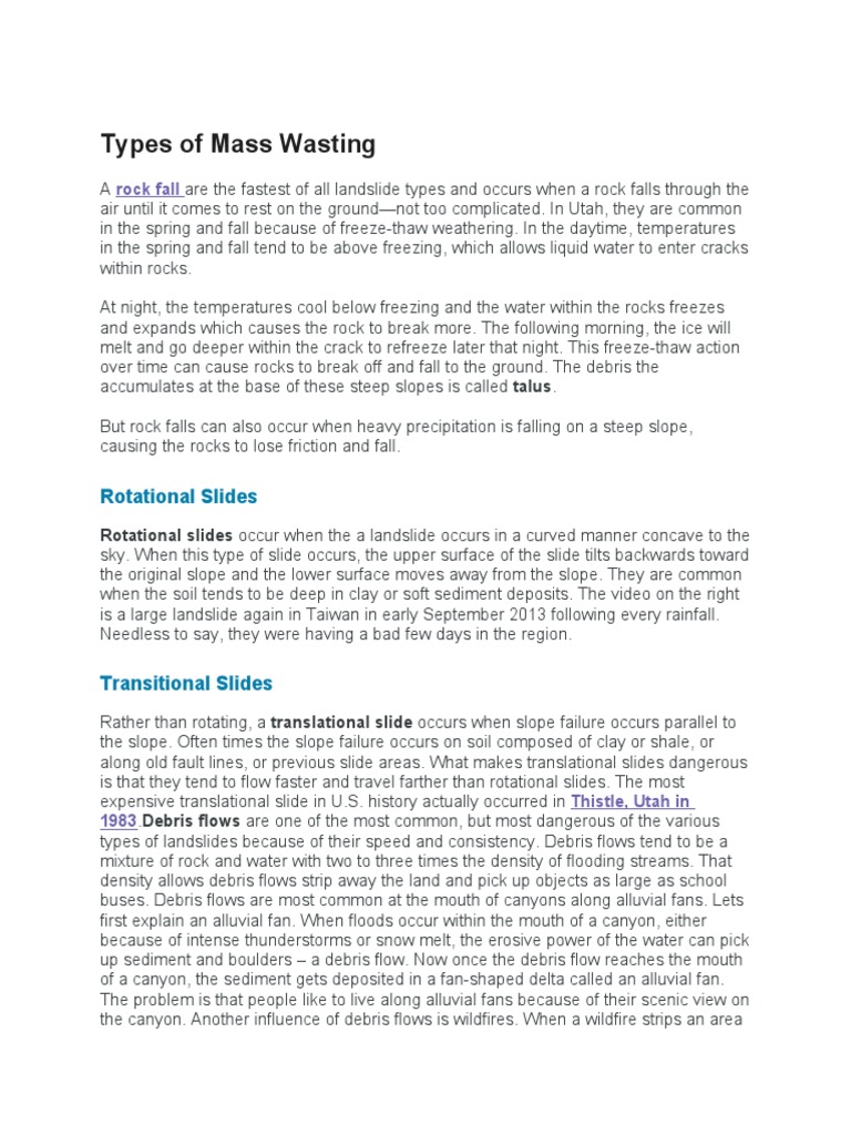 Types of Mass Wasting Processes | PDF | Landslide | Geomorphology