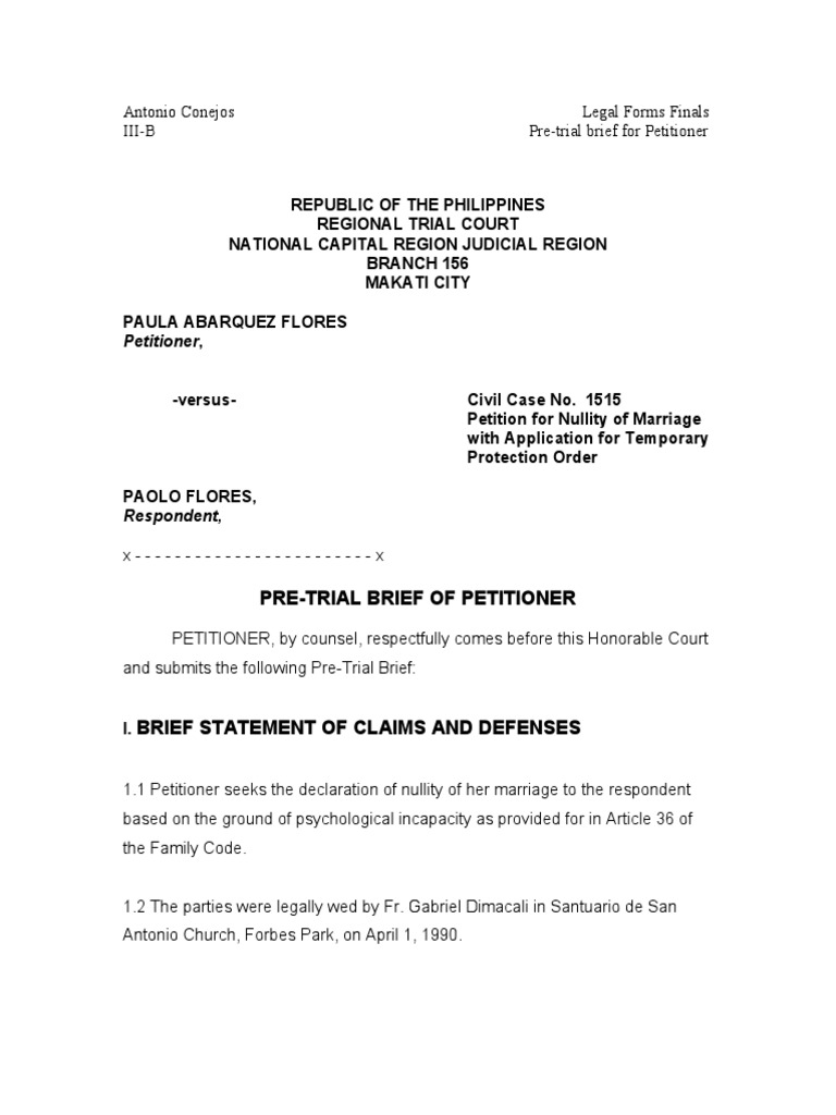 Pre-Trial Brief - Petitioner | PDF | Marriage | Government Information