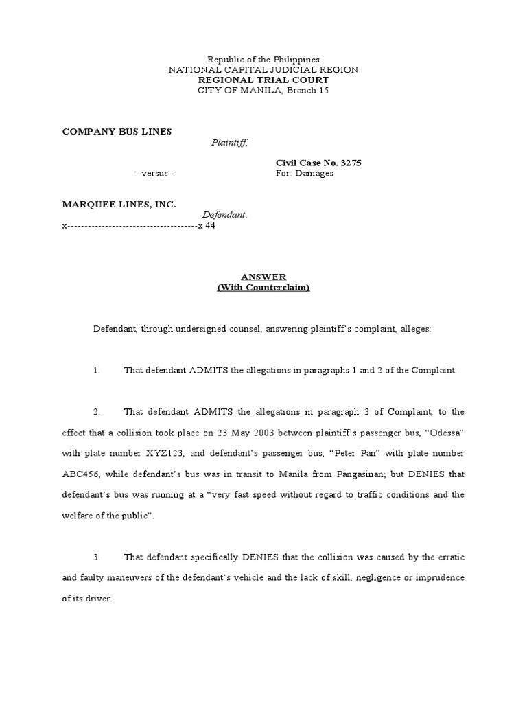 Answer W CC | PDF | Lawsuit | Complaint