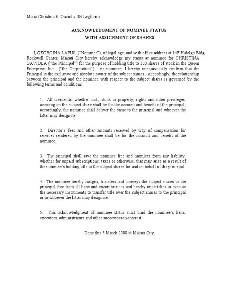 Acknowledgement of Nominee Status With Asgmt of Shares | PDF ...