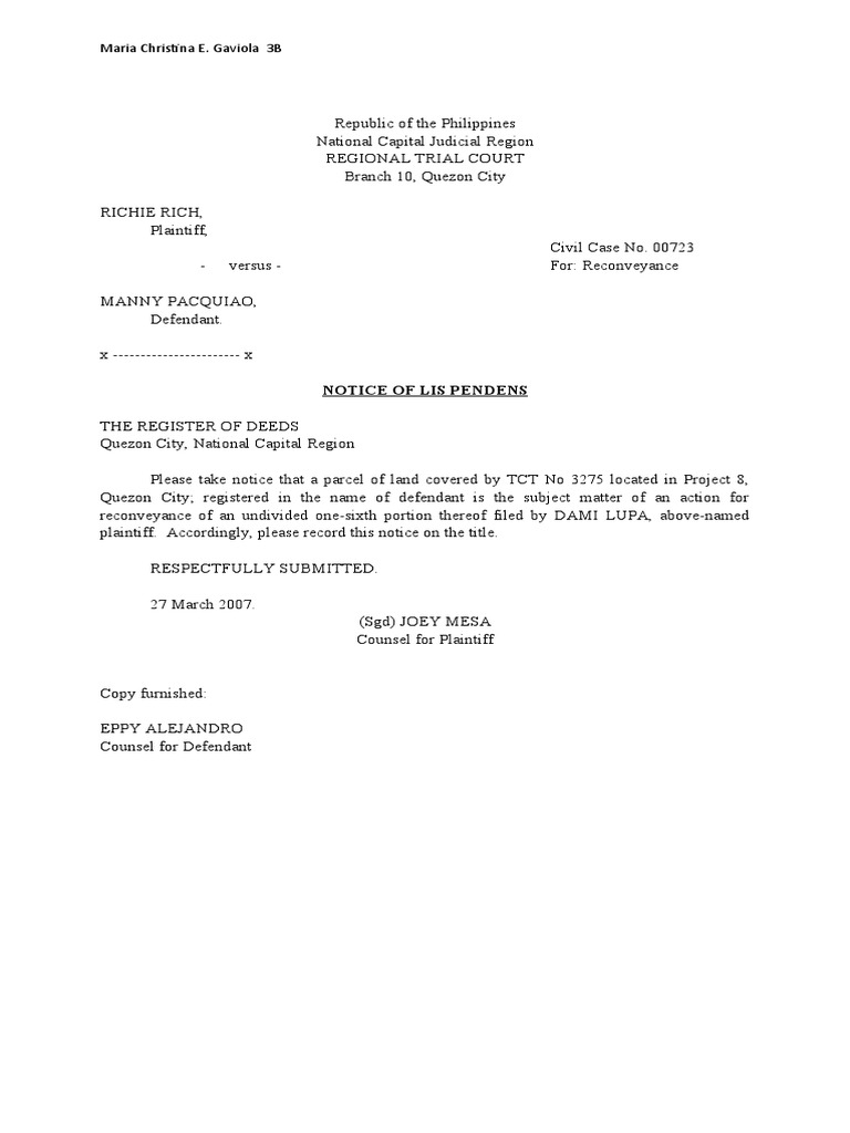 Notice of Lis Pendens | PDF