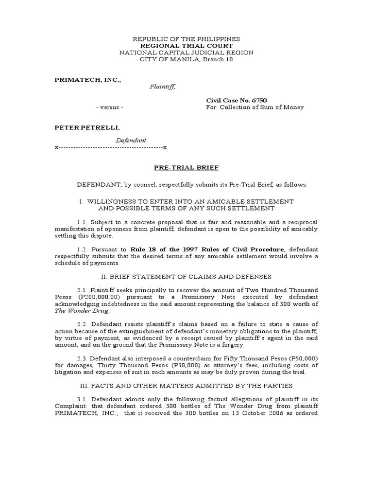 Pre-Trial Brief | PDF | Settlement (Litigation) | Lawsuit
