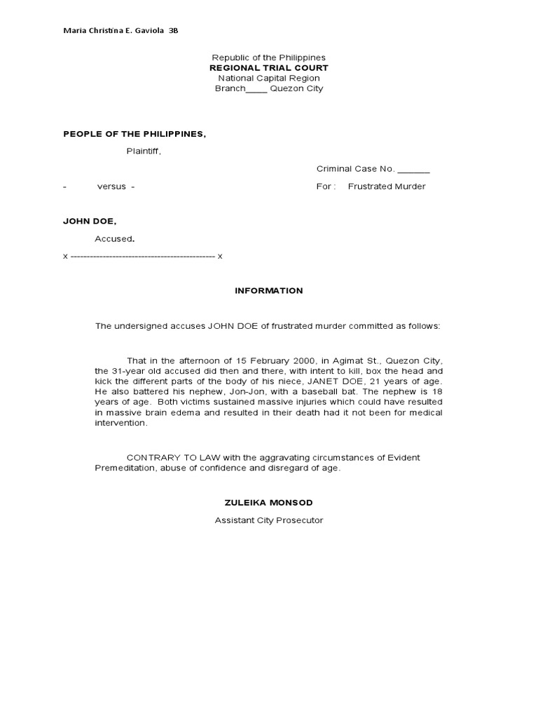 Information For Frustrated Murder | PDF | Murder | Criminal Justice