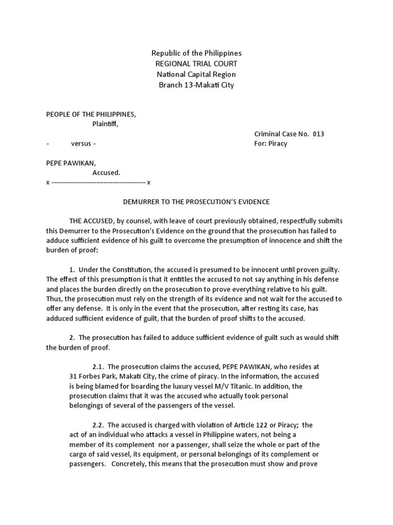 Motion For Demurrer | PDF | Burden Of Proof (Law) | Presumption Of ...