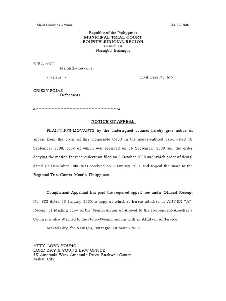 Notice of Appeal CIVIL MTC To RTC | PDF