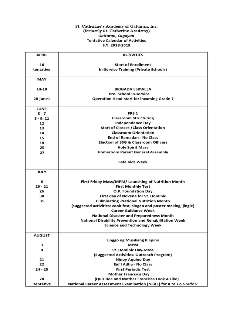 Calendar Activities S.Y. 2018-2019 | PDF