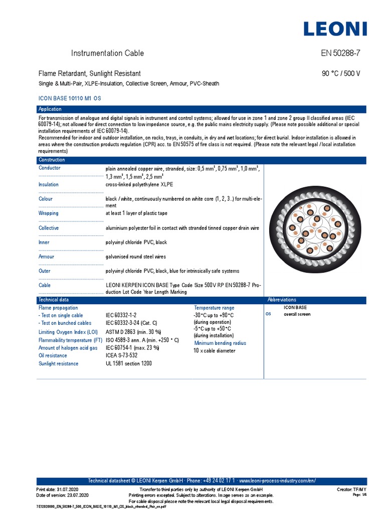 Instrumentation Cable EN 50288-7: Flame Retardant, Sunlight Resistant ...