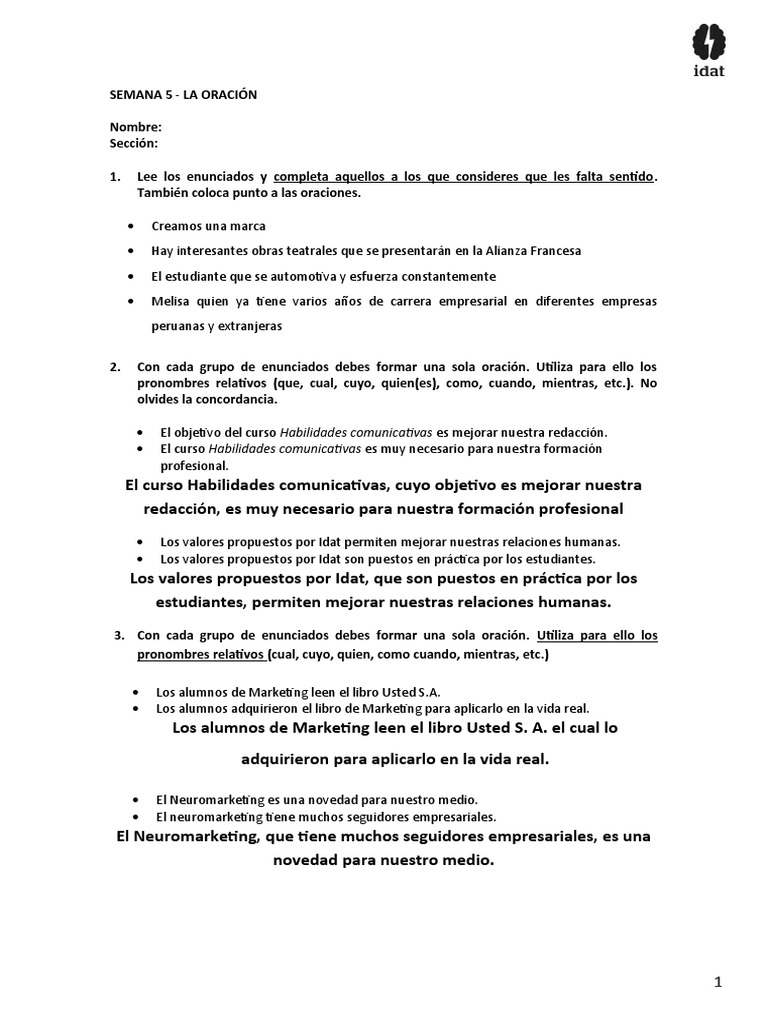 Semana 5 - Ejercicios La Oración | PDF | Desarrollo profesional | Marketing