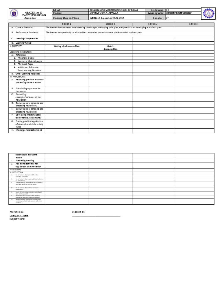 Grade 11 DLL Entreo Q1 Week 13 | PDF | Teachers | Learning