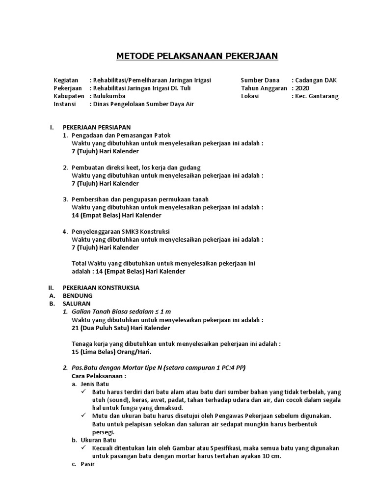 Metode Pelaksanaan Rehabilitasi Jaringan Irigasi DI. Tuli Kec ...