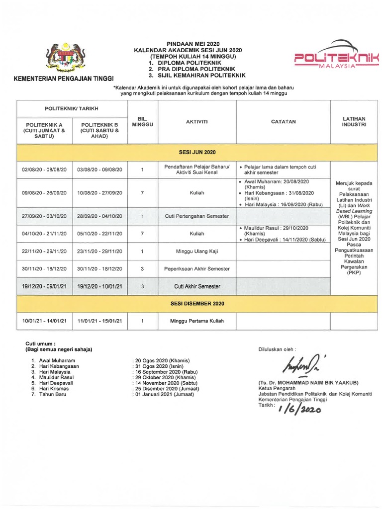 Kalendar Akademik Sesi Jun 2020 (Tempoh 14 Minggu) Diploma Politeknik ...