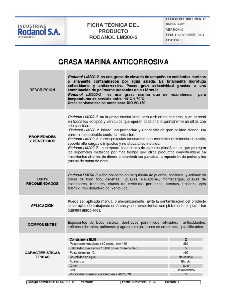Grasa Rodanol LM200-2 Azul Anticorrosiva | PDF | Lubricante | Jabón