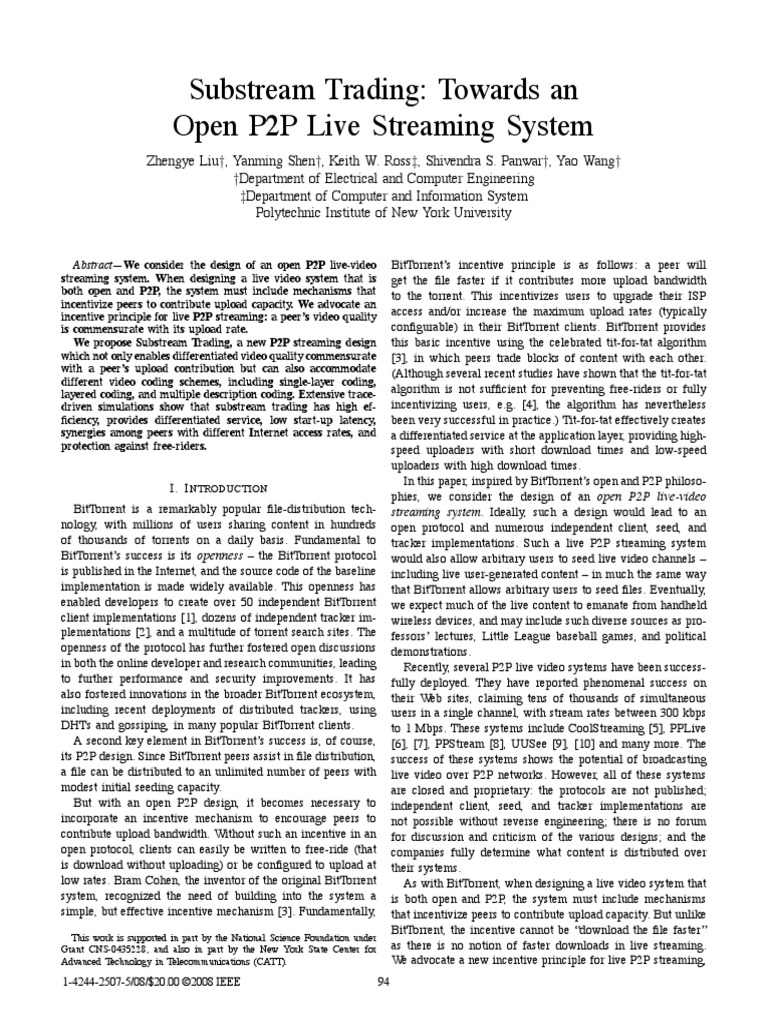 Substream Trading: Towards An Open P2P Live Streaming System | PDF | Peer To Peer | Streaming Media