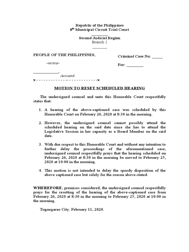 Motion to Reset Scheduled Hearing Due to Conflicting Legislative Session | PDF | Common Law ...