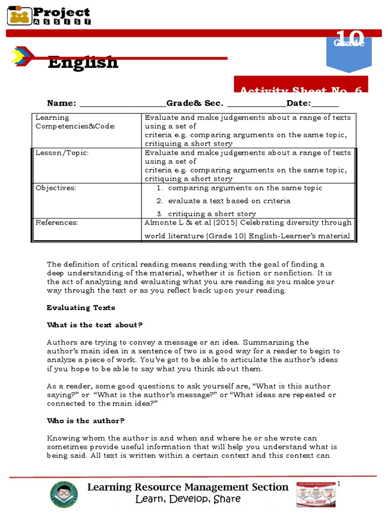 AUG 10 Evaluate and Make Judgements About A Range of Texts Using A Set ...