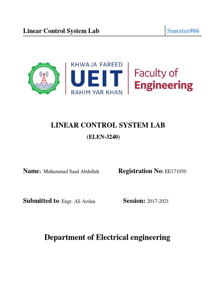 Linear Control System Lab: Department of Electrical Engineering | PDF