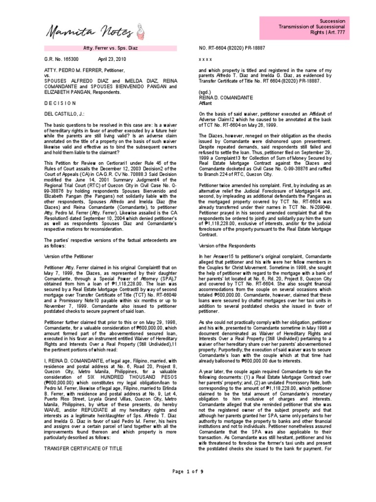 Succession Transmission of Successional Rights - Art. 777 Atty. Ferrer ...